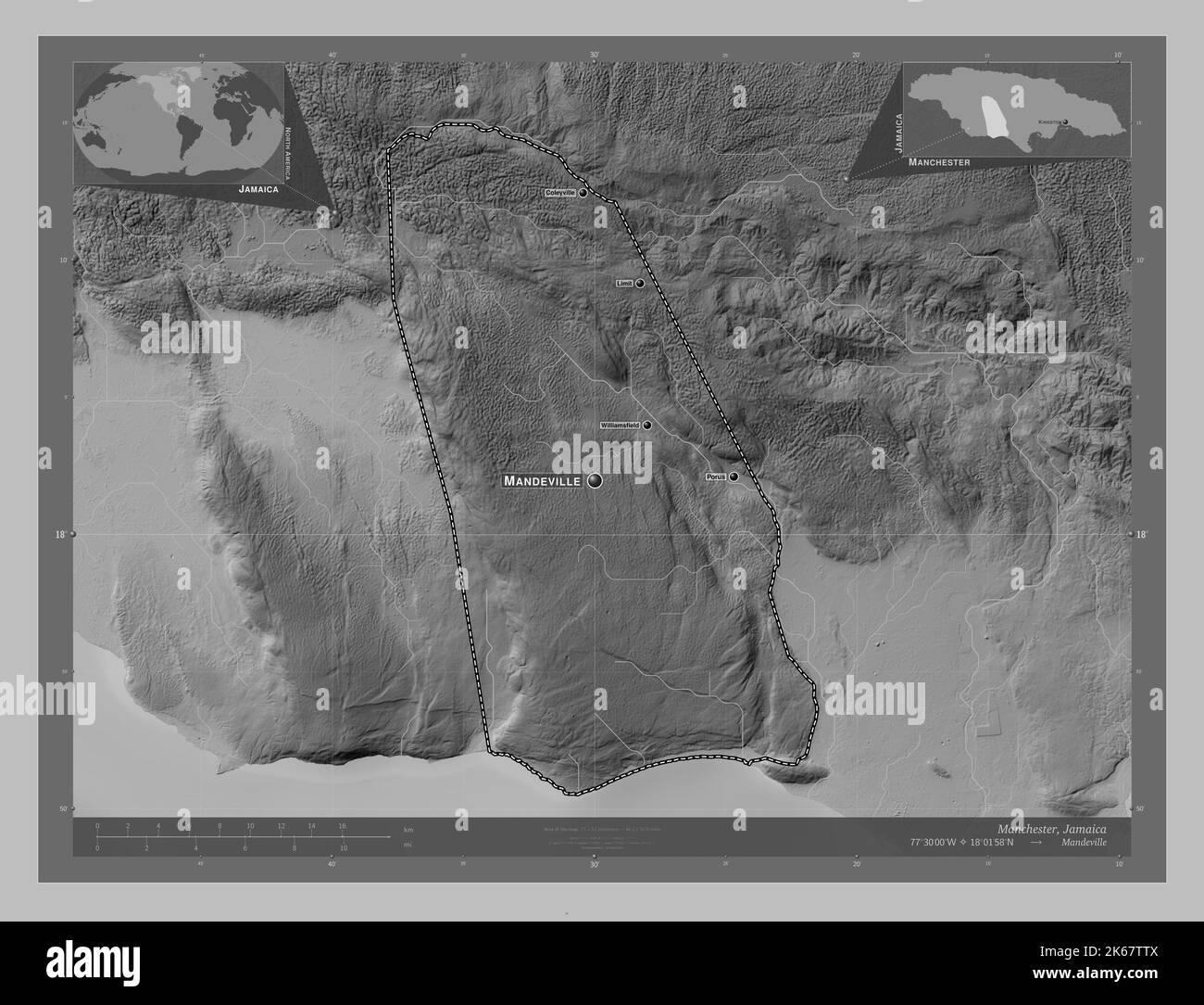 Manchester, parish of Jamaica. Grayscale elevation map with lakes and ...
