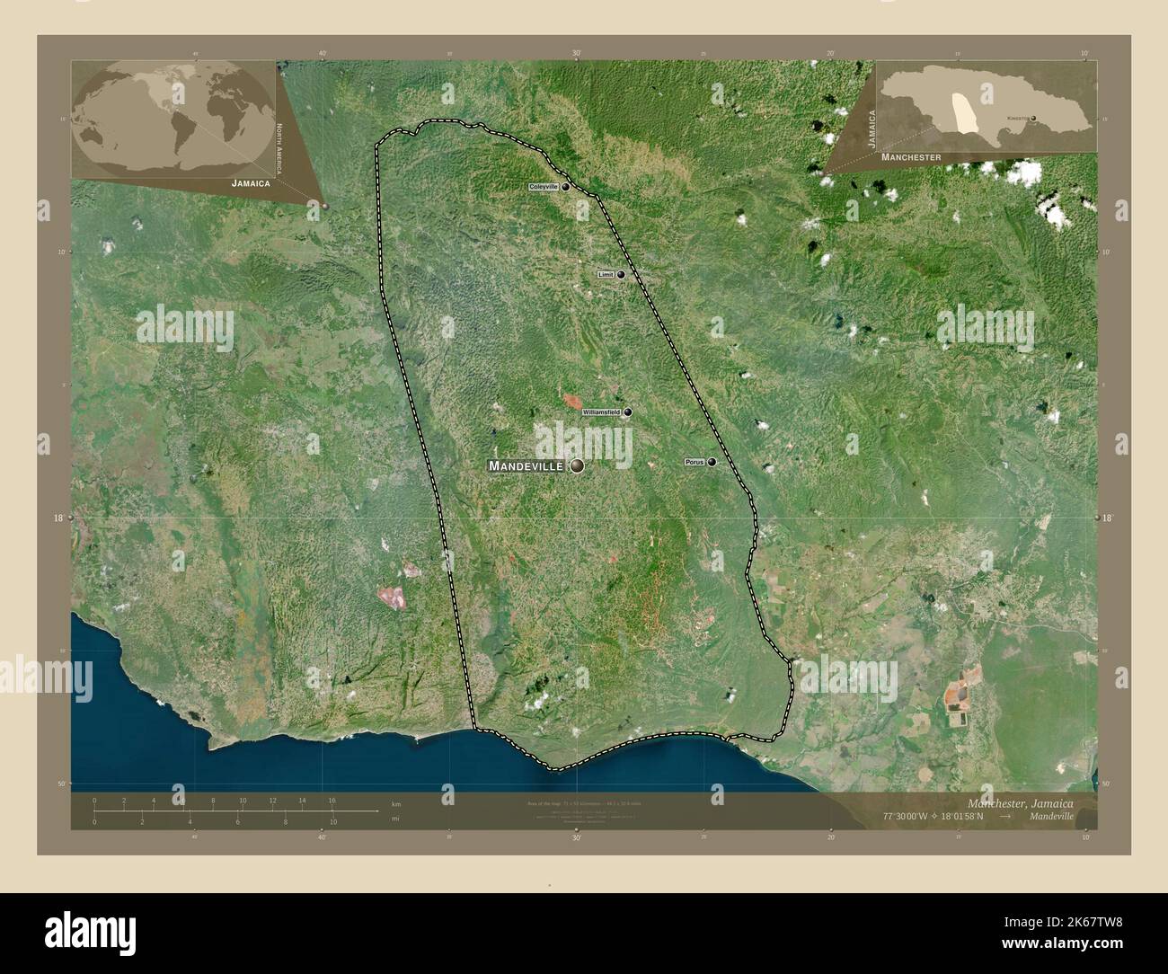Manchester, parish of Jamaica. High resolution satellite map. Locations ...