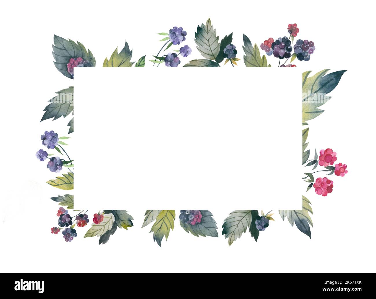 Invitation or greeting card design decorated with berries. Watercolor ...