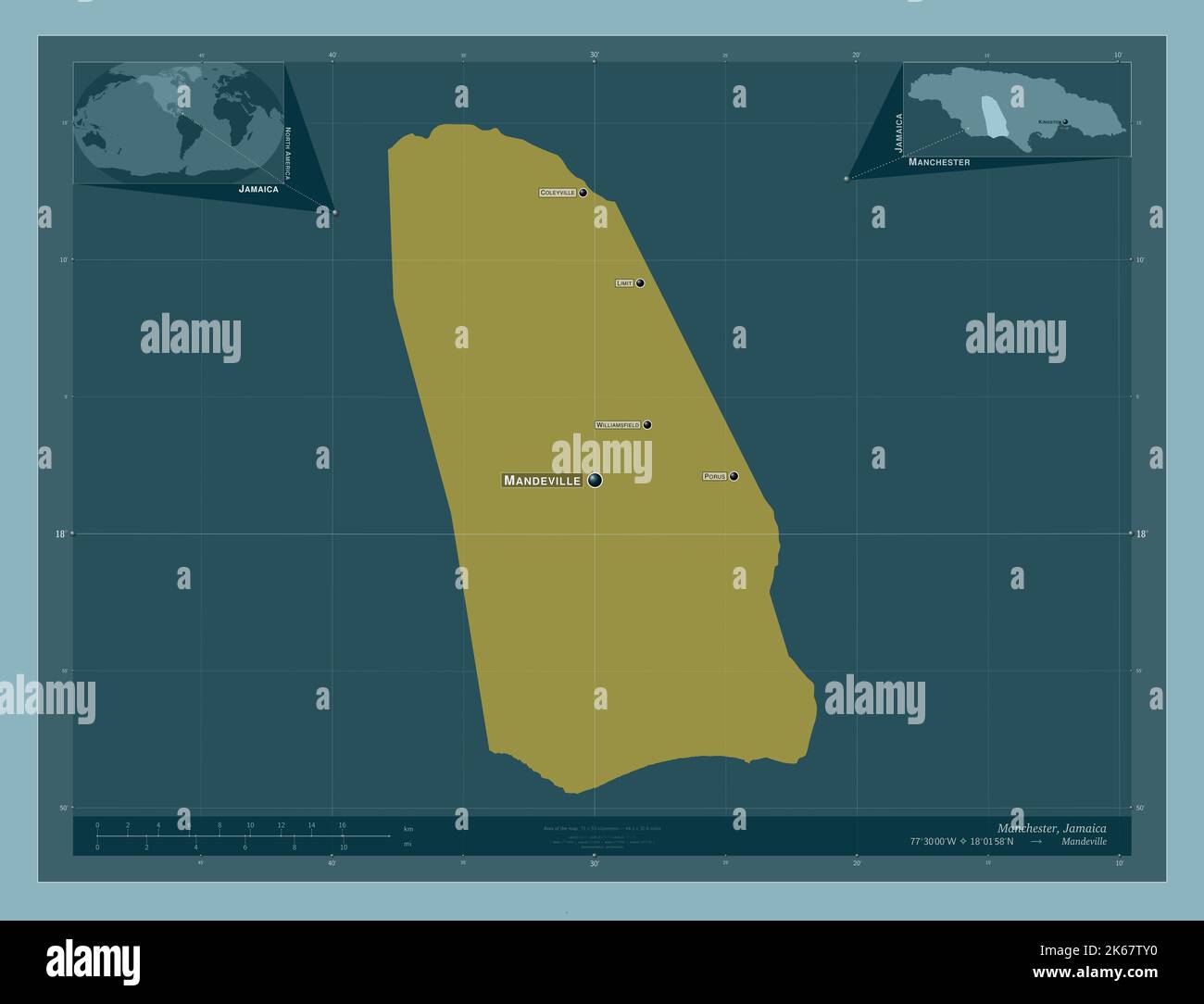 Manchester, parish of Jamaica. Solid color shape. Locations and names ...