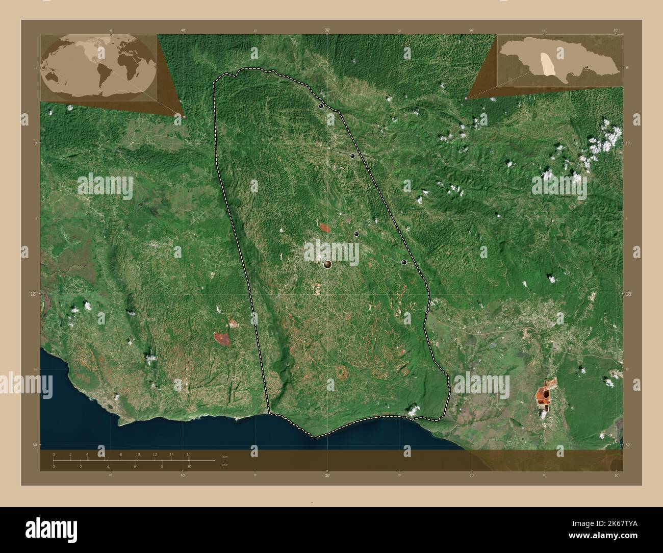Manchester, parish of Jamaica. Low resolution satellite map. Locations ...