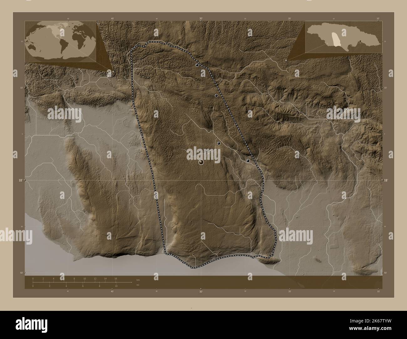 Manchester, parish of Jamaica. Elevation map colored in sepia tones ...