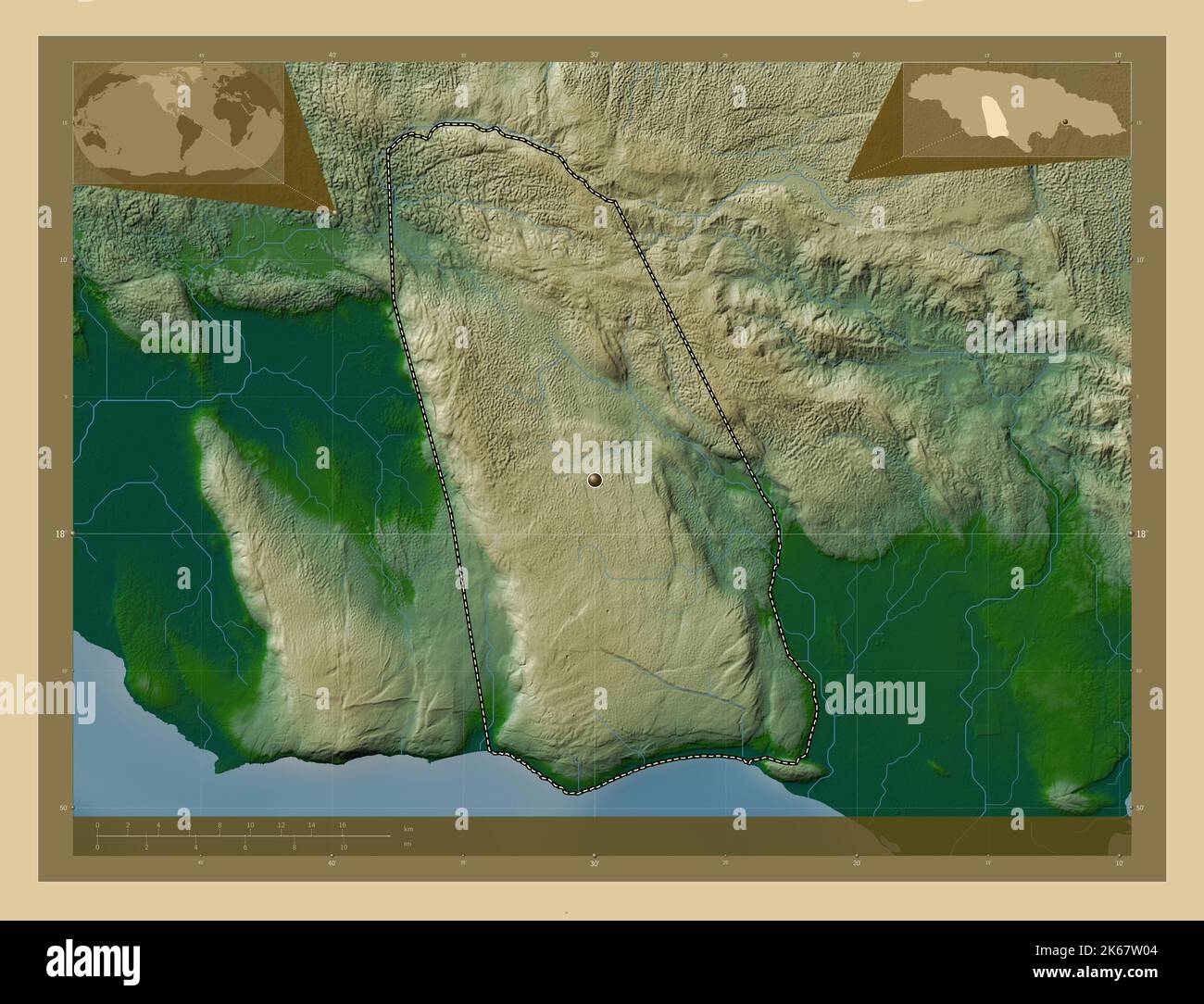 Manchester, parish of Jamaica. Colored elevation map with lakes and ...