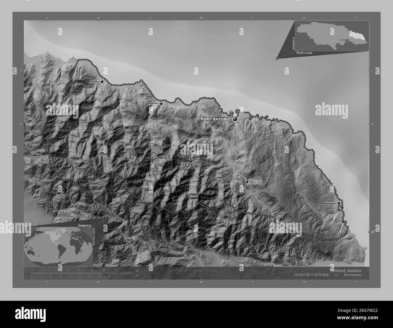 Portland, parish of Jamaica. Grayscale elevation map with lakes and ...