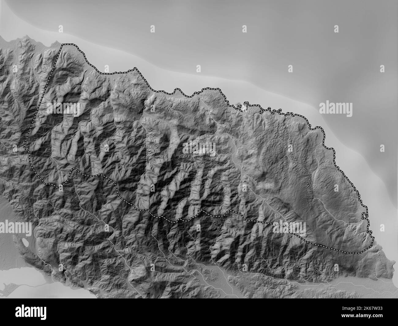 Portland, parish of Jamaica. Grayscale elevation map with lakes and ...