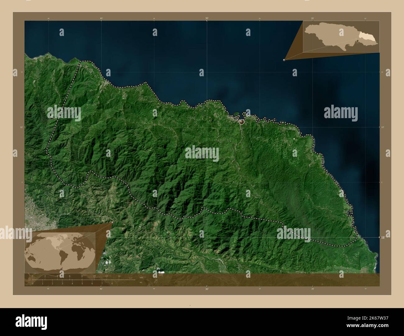 Portland, parish of Jamaica. Low resolution satellite map. Corner ...