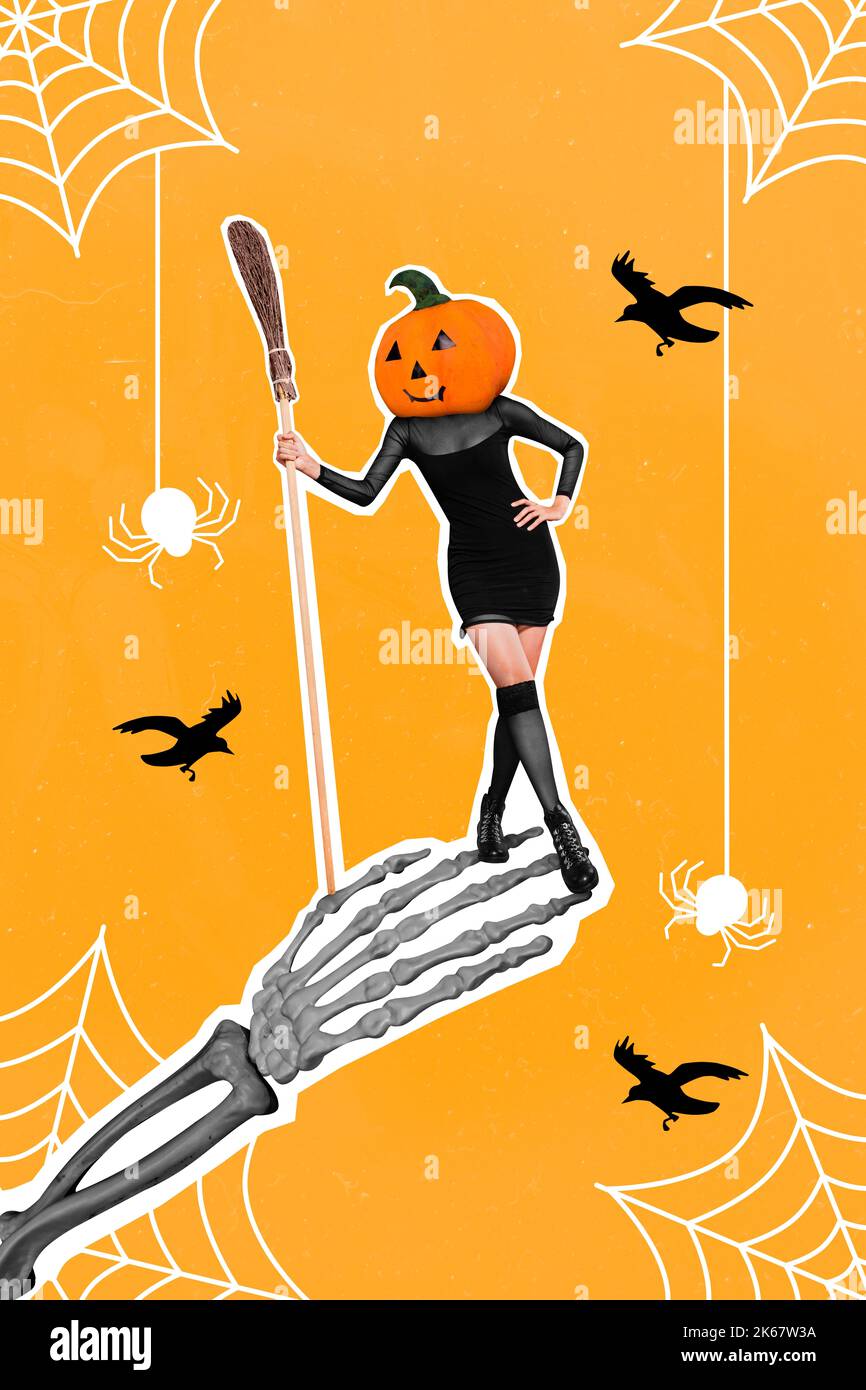 Vertical collage picture of big dead skeleton arm hold mini conjurer ...