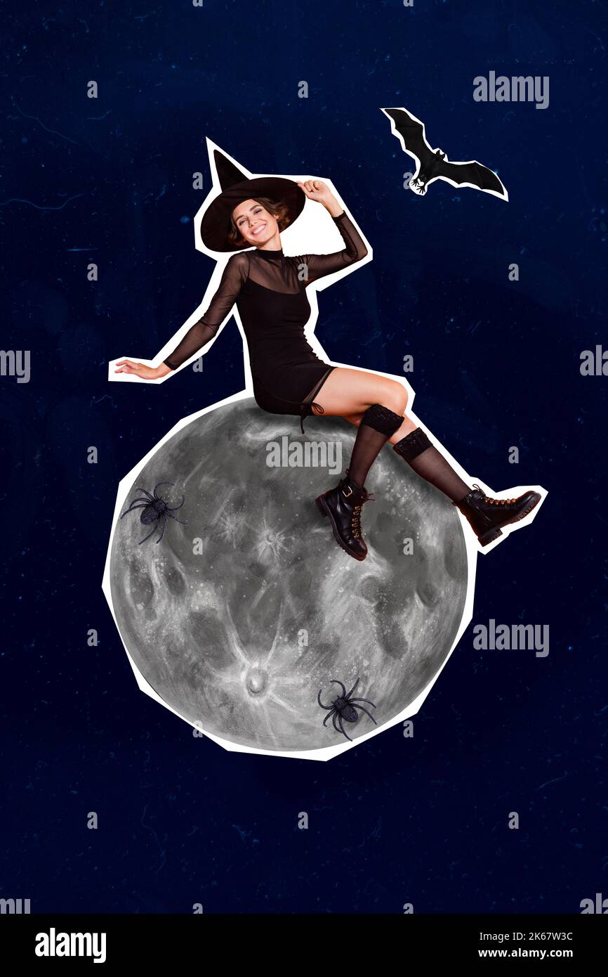 Vertical collage image of pretty gorgeous witch girl sitting full moon ...