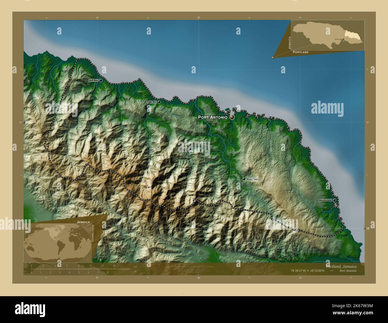 Portland, parish of Jamaica. Colored elevation map with lakes and ...