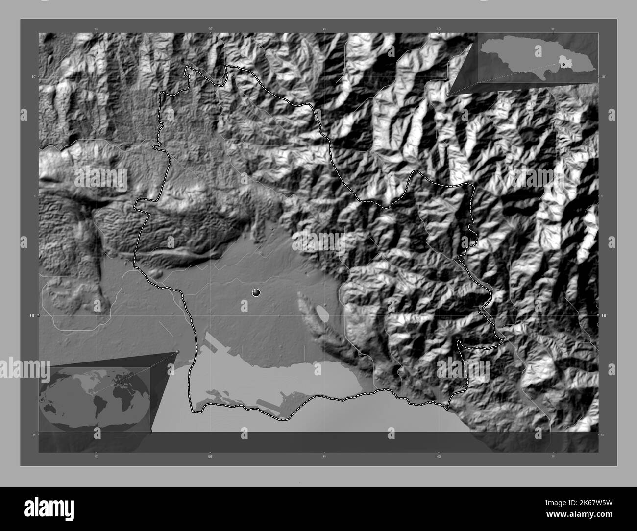 Saint Andrew, parish of Jamaica. Bilevel elevation map with lakes and ...