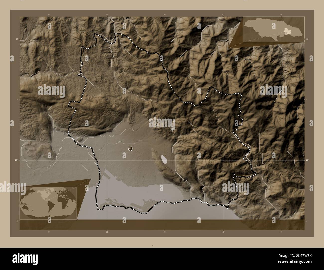 Saint Andrew, parish of Jamaica. Elevation map colored in sepia tones ...