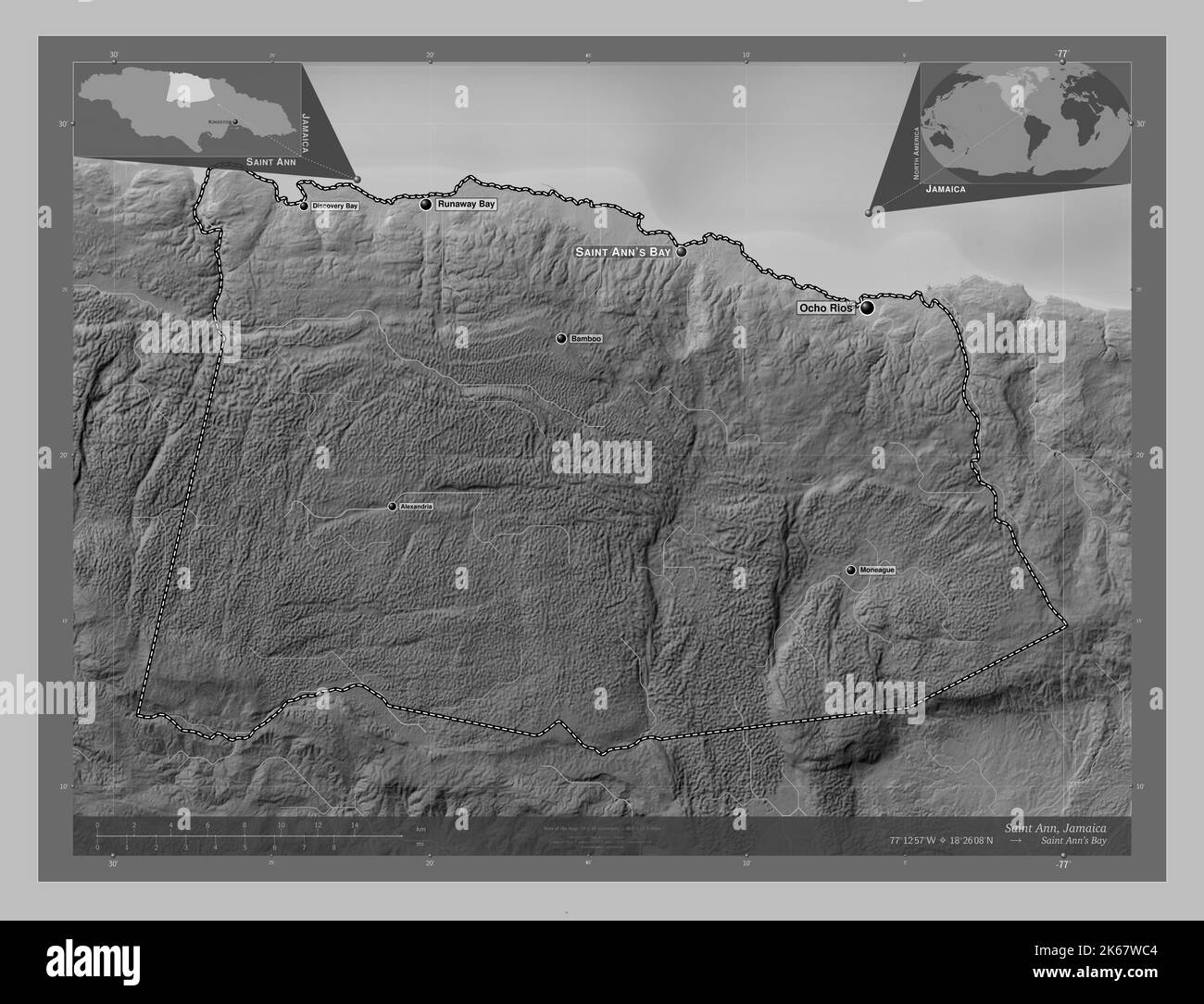 Saint Ann, parish of Jamaica. Grayscale elevation map with lakes and ...