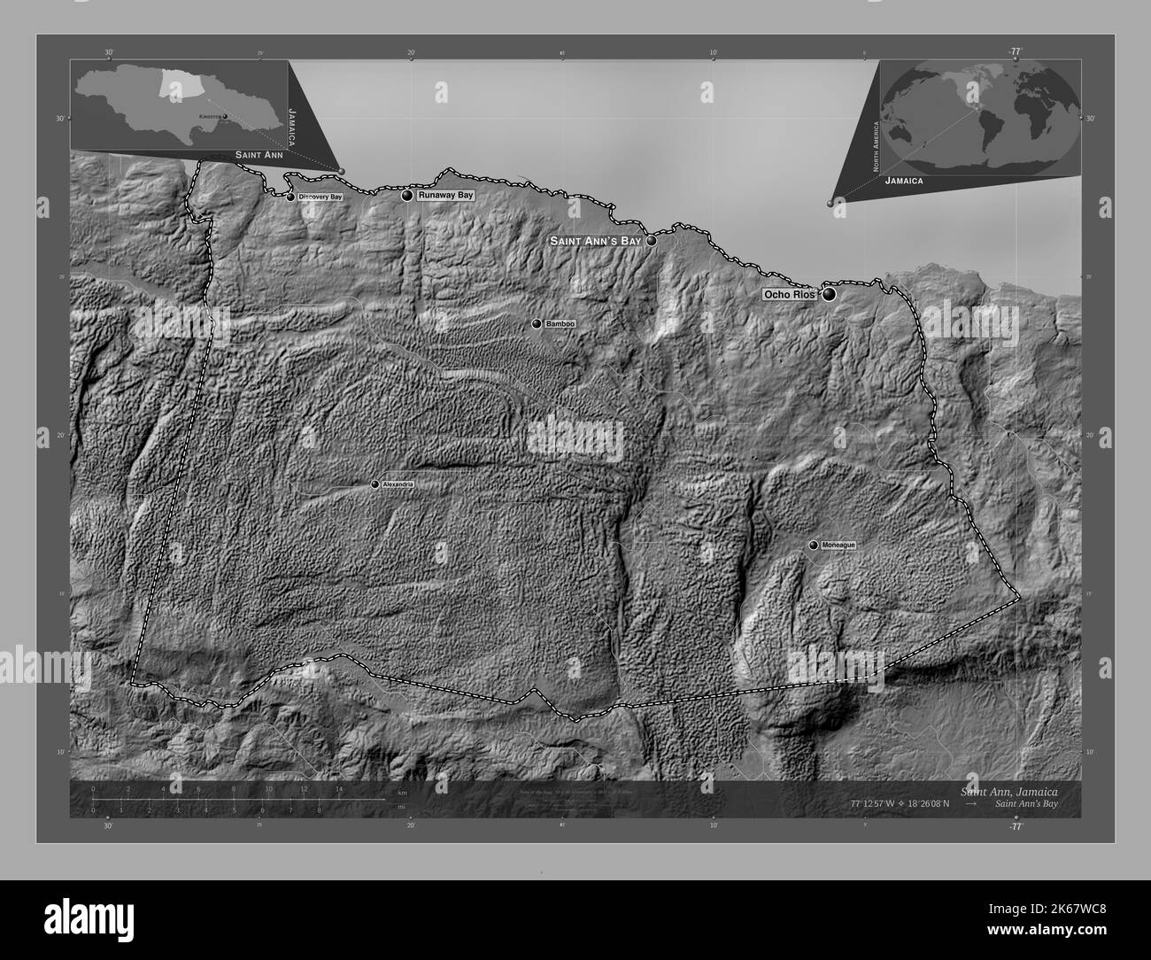 Saint Ann, parish of Jamaica. Bilevel elevation map with lakes and ... Saint Ann, parish of Jamaica. Bilevel elevation map with lakes and ...