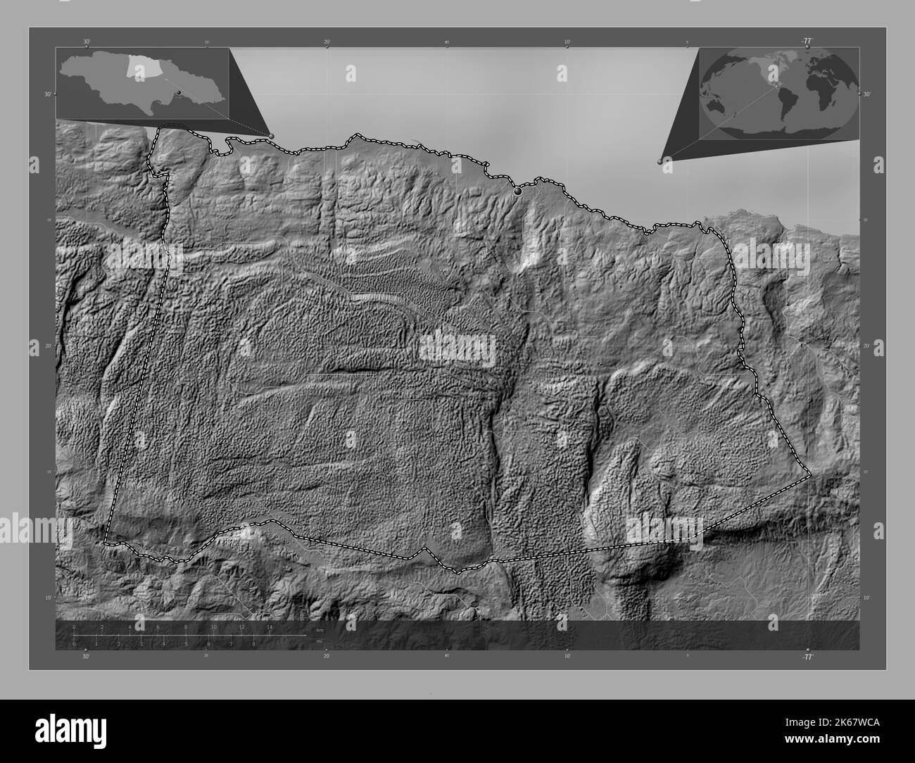 Saint Ann, parish of Jamaica. Bilevel elevation map with lakes and ...
