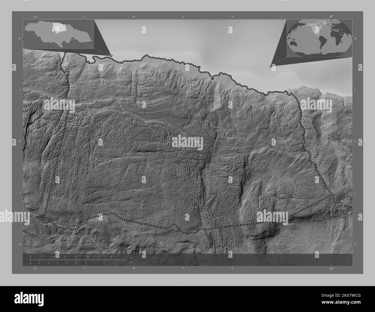 Saint Ann, parish of Jamaica. Grayscale elevation map with lakes and ...