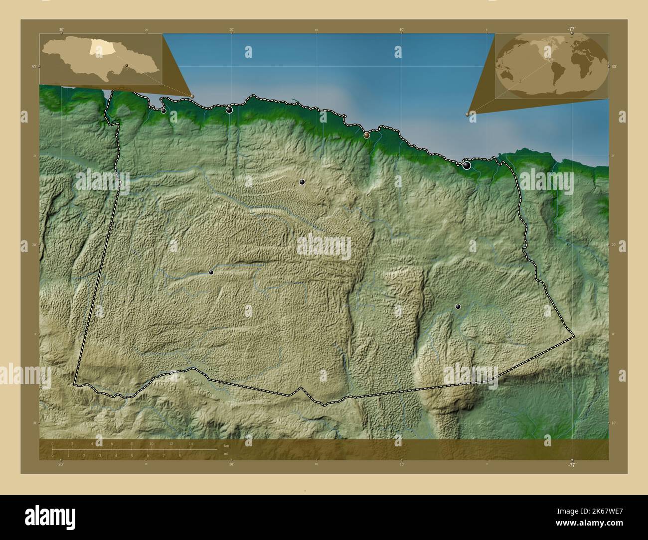 Saint Ann, parish of Jamaica. Colored elevation map with lakes and ...