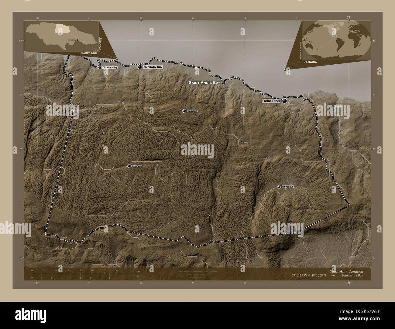 Saint Ann, parish of Jamaica. Elevation map colored in sepia tones with ...