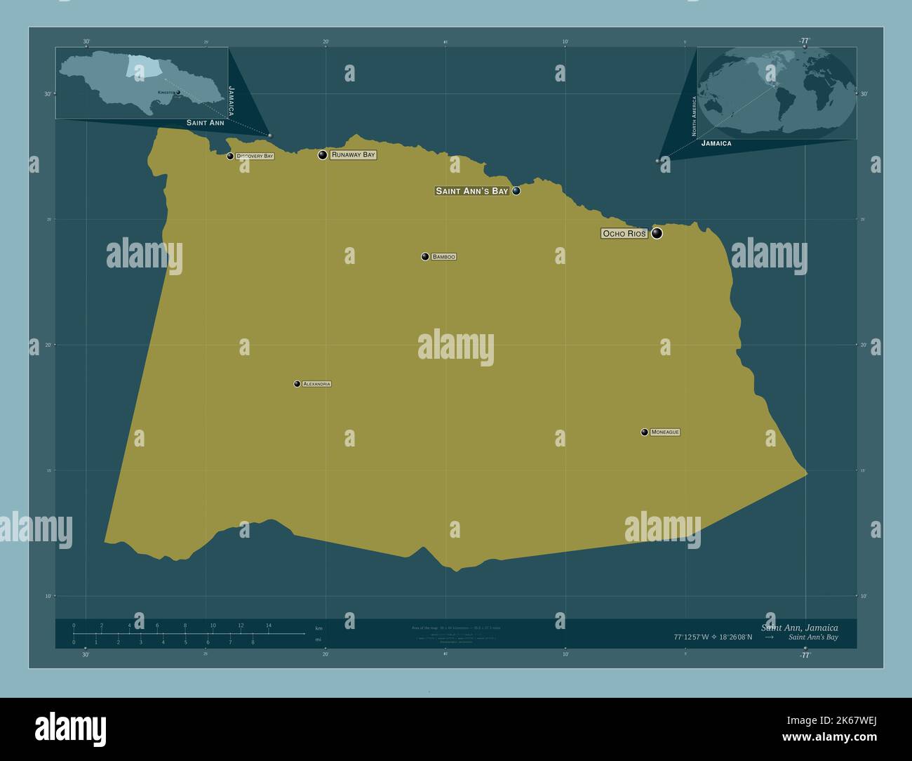 Saint Ann, parish of Jamaica. Solid color shape. Locations and names of ...
