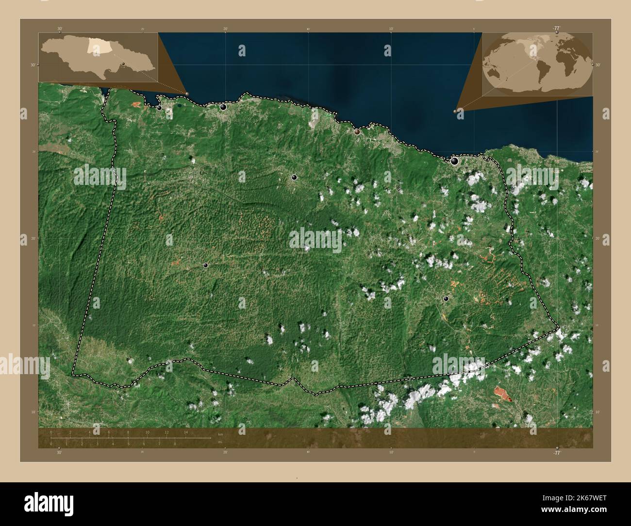 Saint Ann, parish of Jamaica. Low resolution satellite map. Locations ...