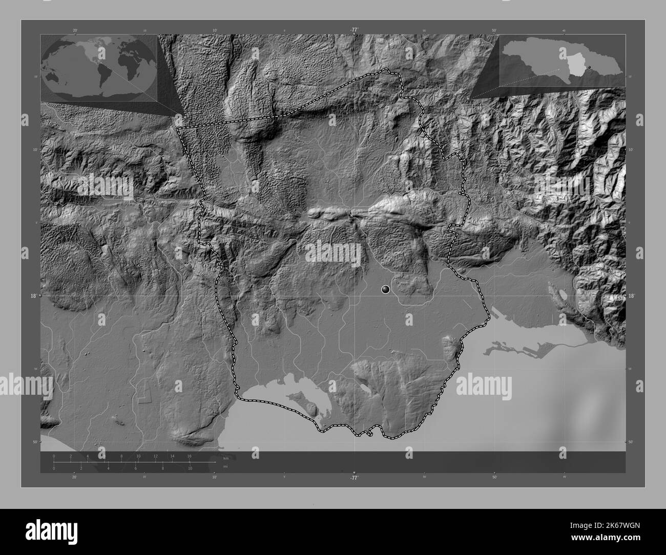 Saint Catherine, parish of Jamaica. Bilevel elevation map with lakes ...