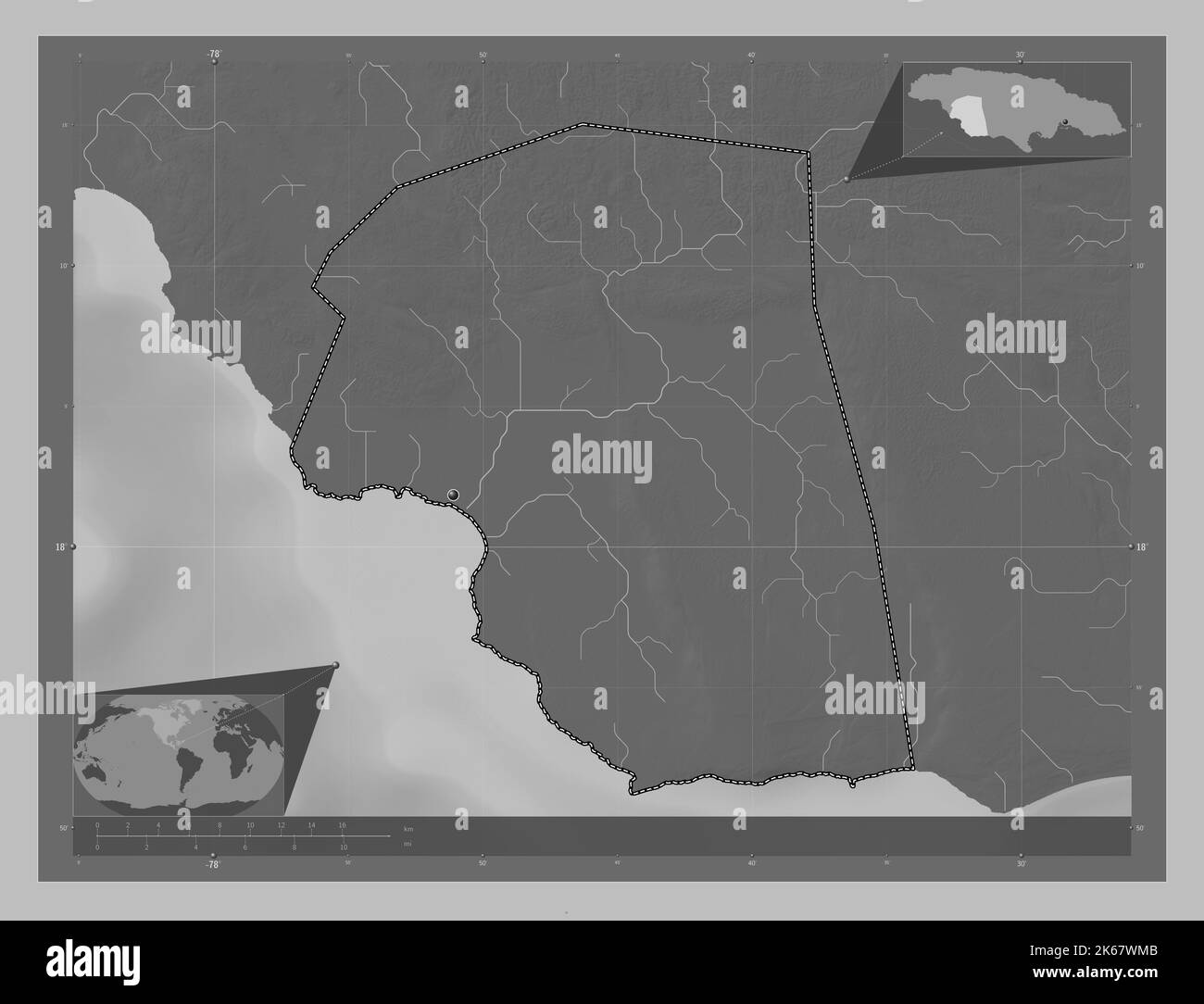 Saint Elizabeth, parish of Jamaica. Grayscale elevation map with lakes ...
