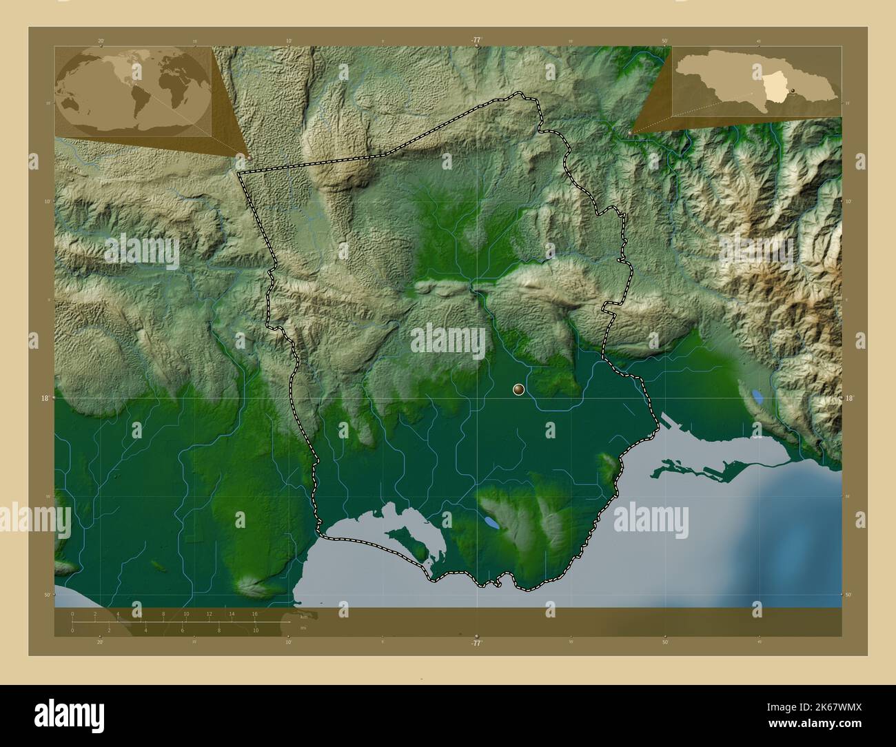 Saint Catherine, parish of Jamaica. Colored elevation map with lakes ...