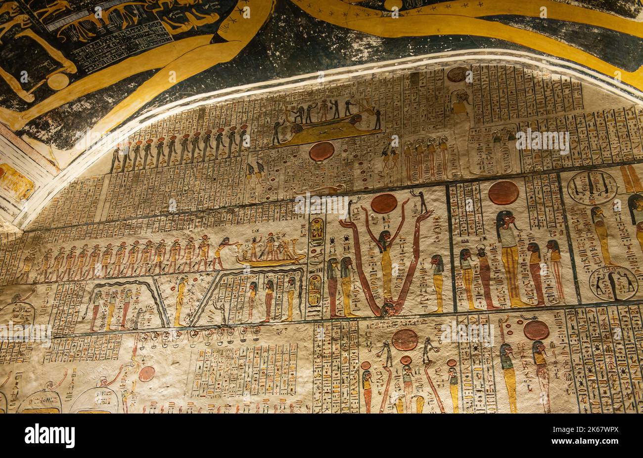 Hieroglypic carvings on wall in the ancient egyptian tomb of ramses V ...