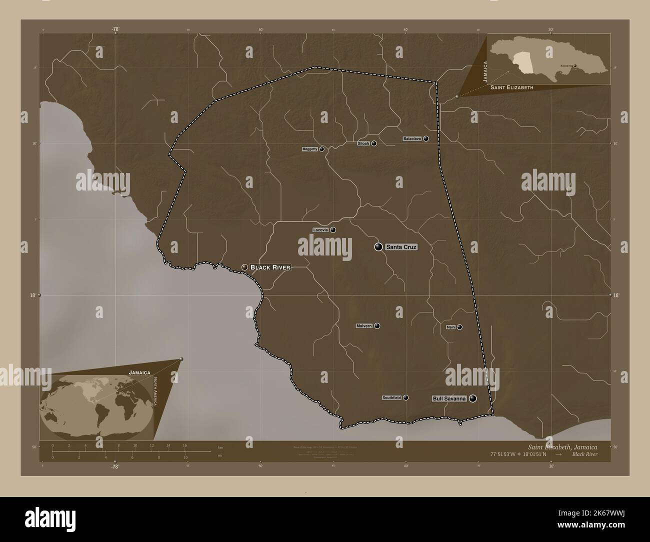 Saint Elizabeth, parish of Jamaica. Elevation map colored in sepia ...