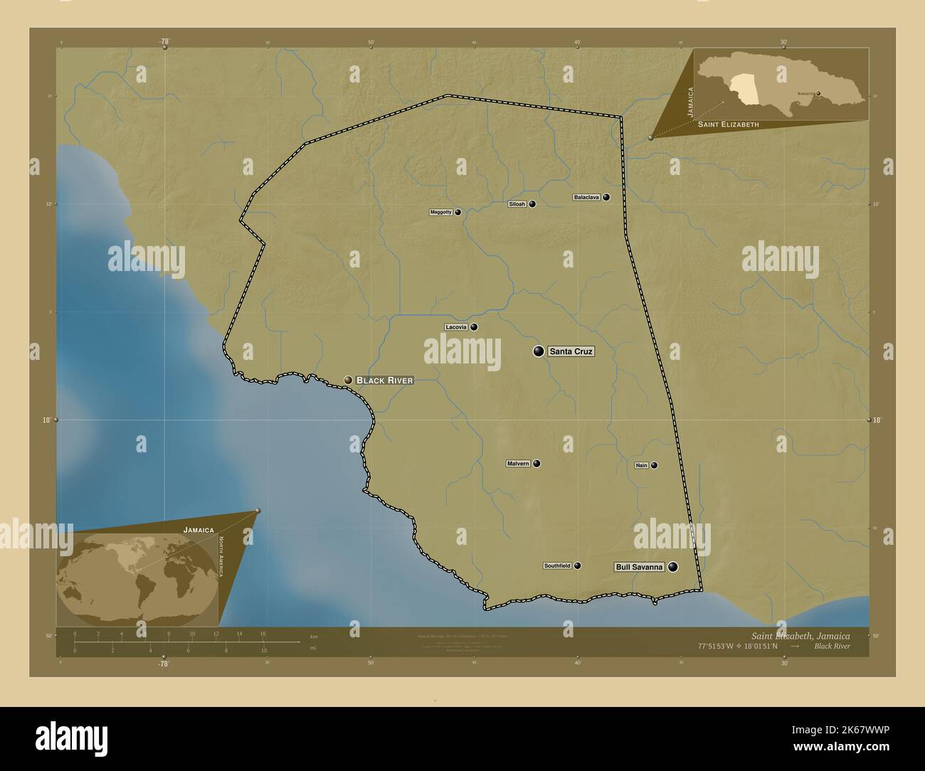 Saint Elizabeth, parish of Jamaica. Colored elevation map with lakes ...