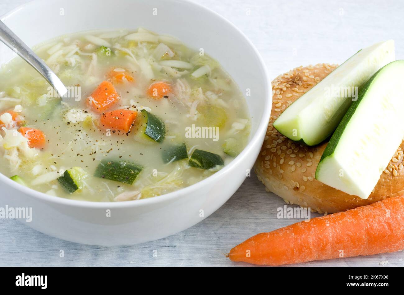Delicious Homemade Chicken, Zucchini and Carrot Soup with Bagel ...