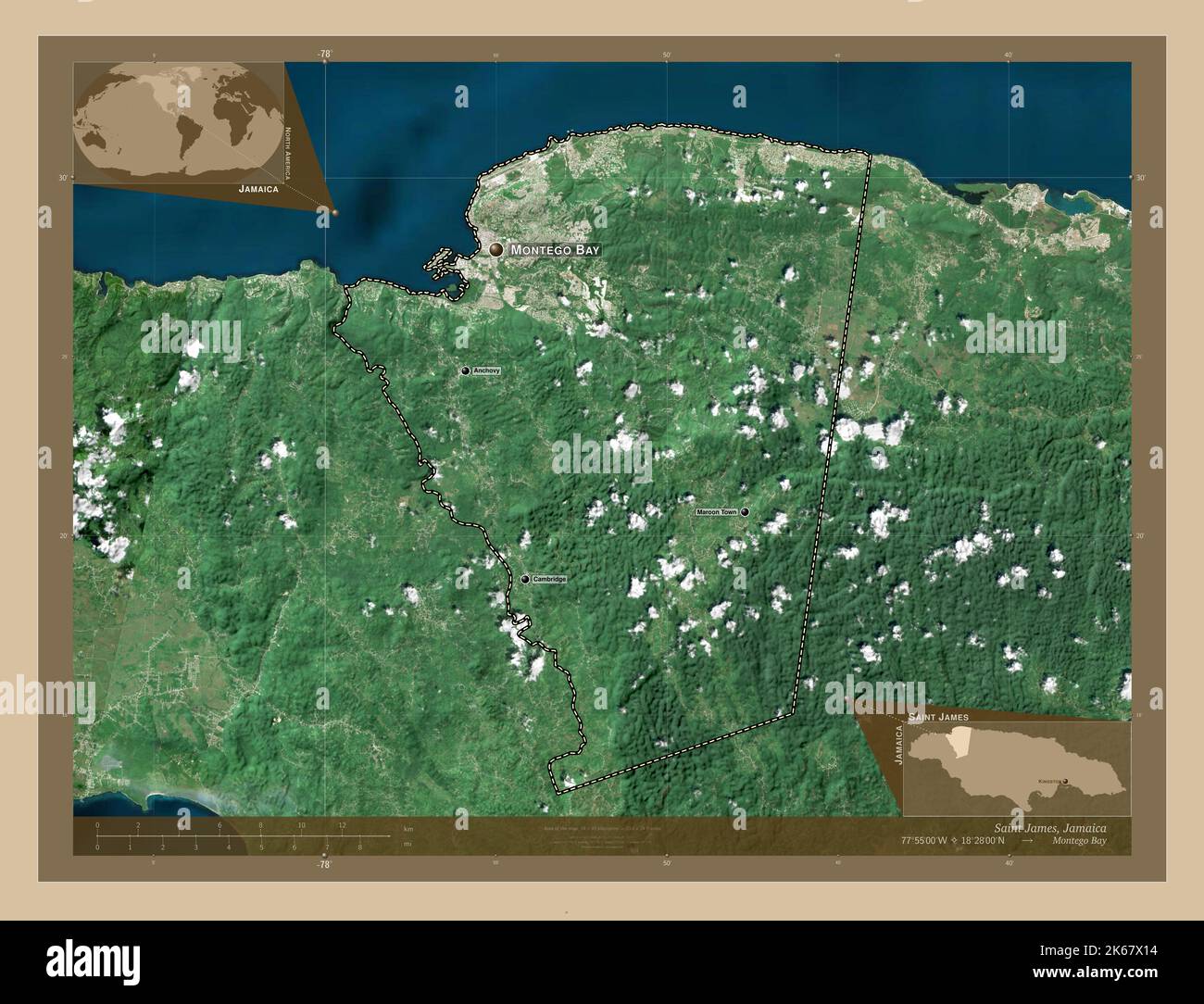 Saint James, parish of Jamaica. Low resolution satellite map. Locations ...