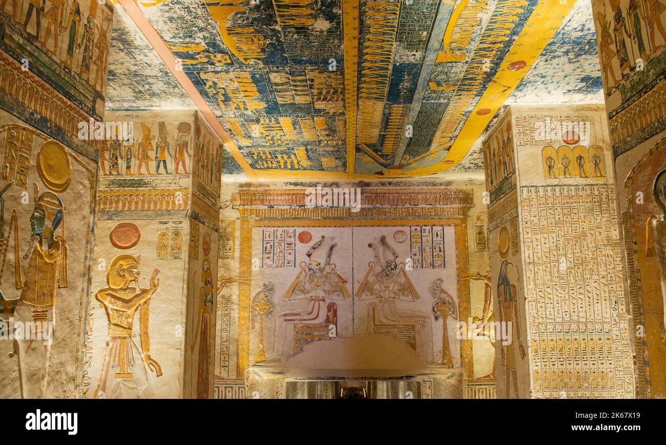 Hieroglypic carvings on columns and wall in the ancient egyptian tomb ...