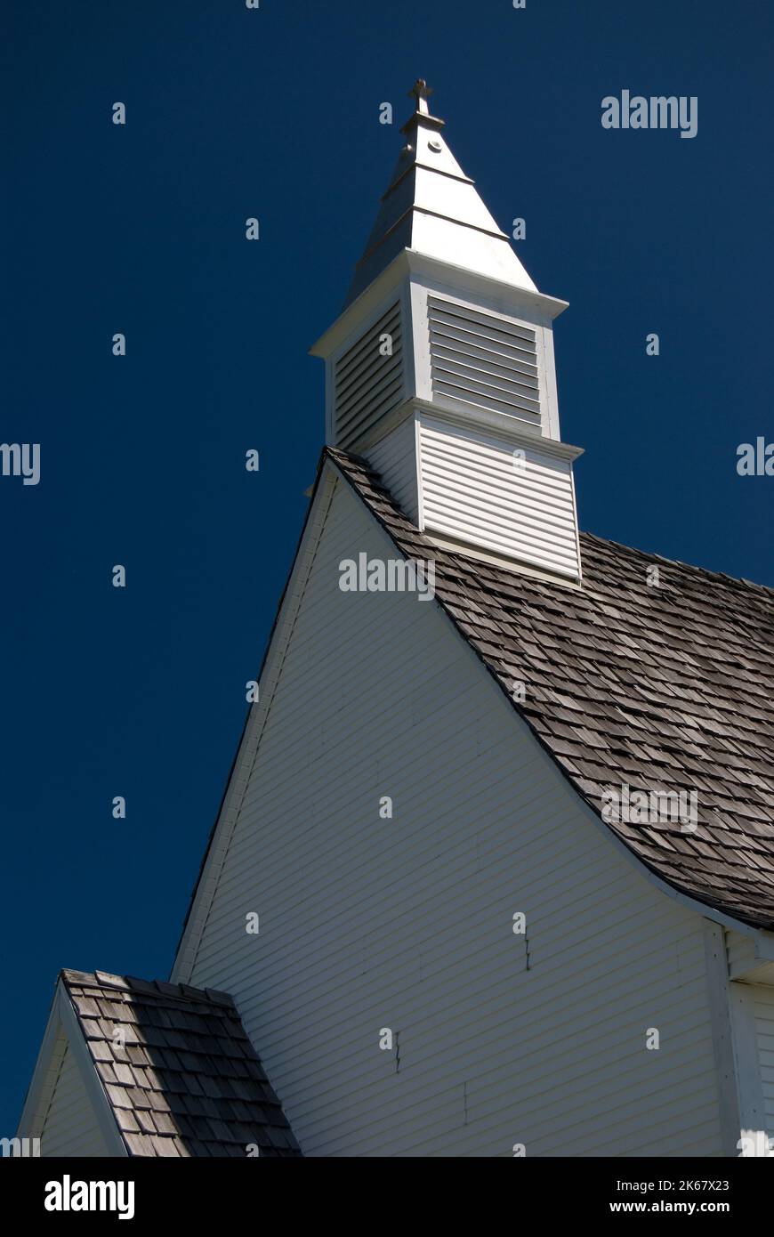 White Church Tower on Blue Sky Background Vertical Stock Photo - Alamy