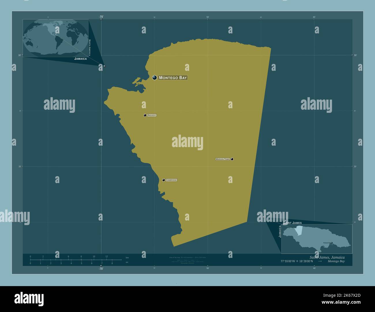 Saint James, parish of Jamaica. Solid color shape. Locations and names ...