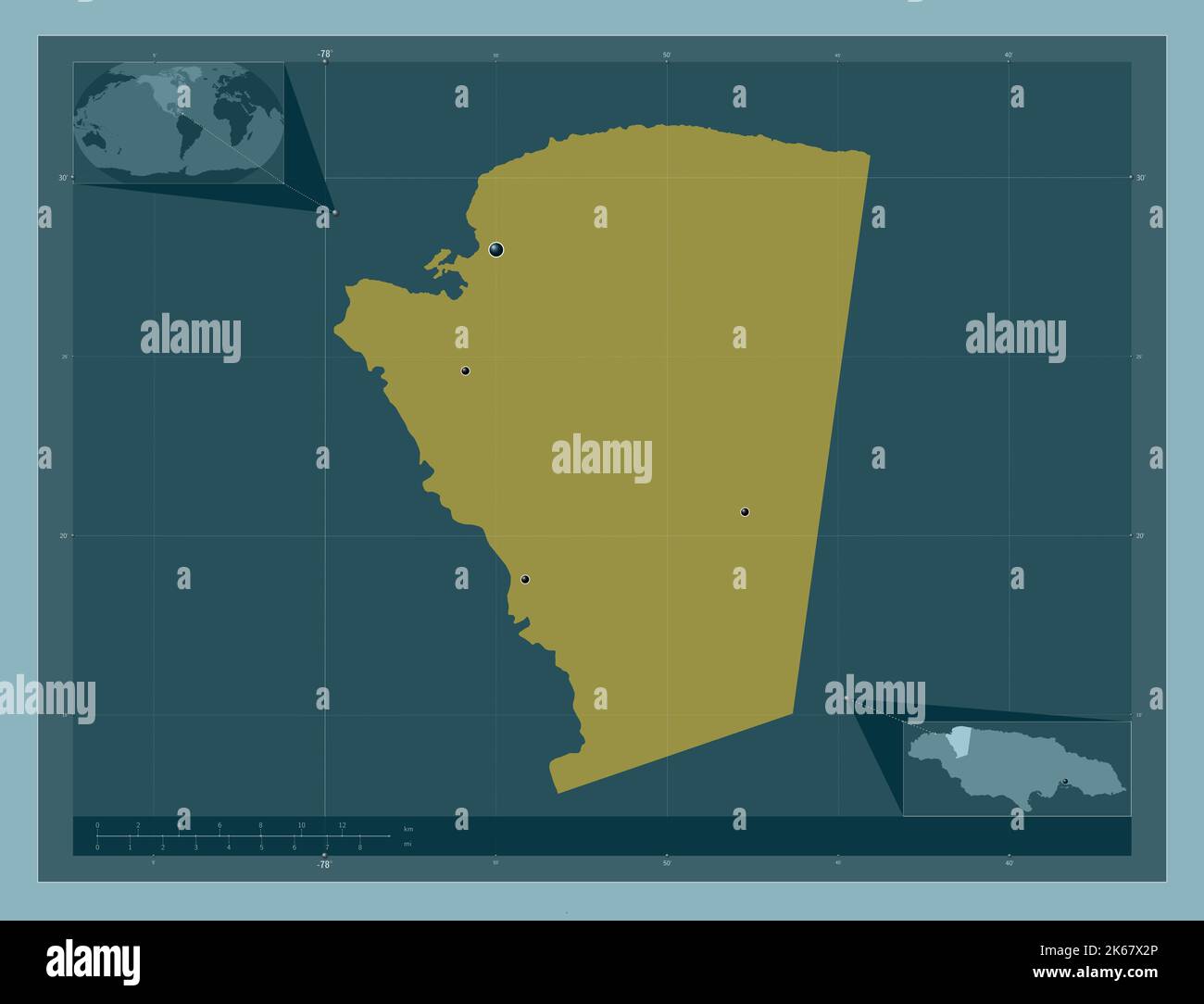 Saint James, parish of Jamaica. Solid color shape. Locations of major ...
