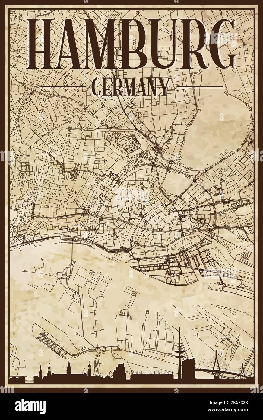 Brown vintage hand-drawn printout streets network map of the downtown HAMBURG, GERMANY with ...