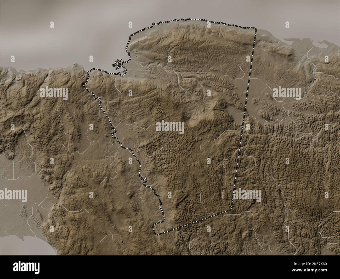 Saint James, parish of Jamaica. Elevation map colored in sepia tones ...