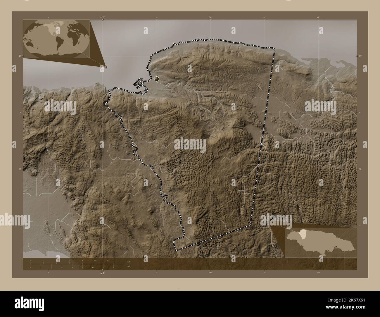Saint James, parish of Jamaica. Elevation map colored in sepia tones ...