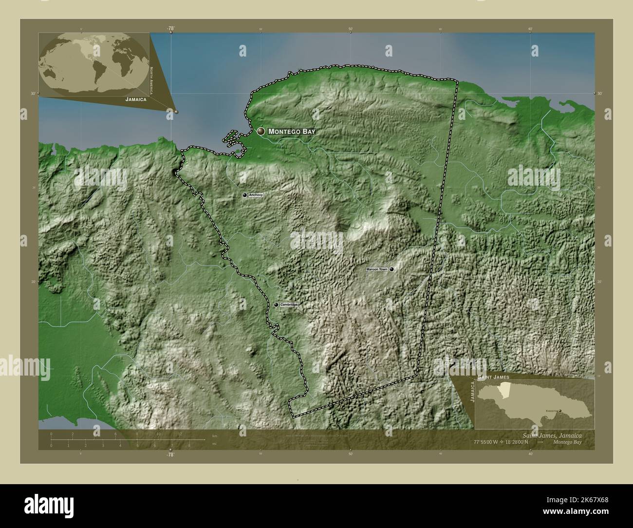Saint James, parish of Jamaica. Elevation map colored in wiki style ...