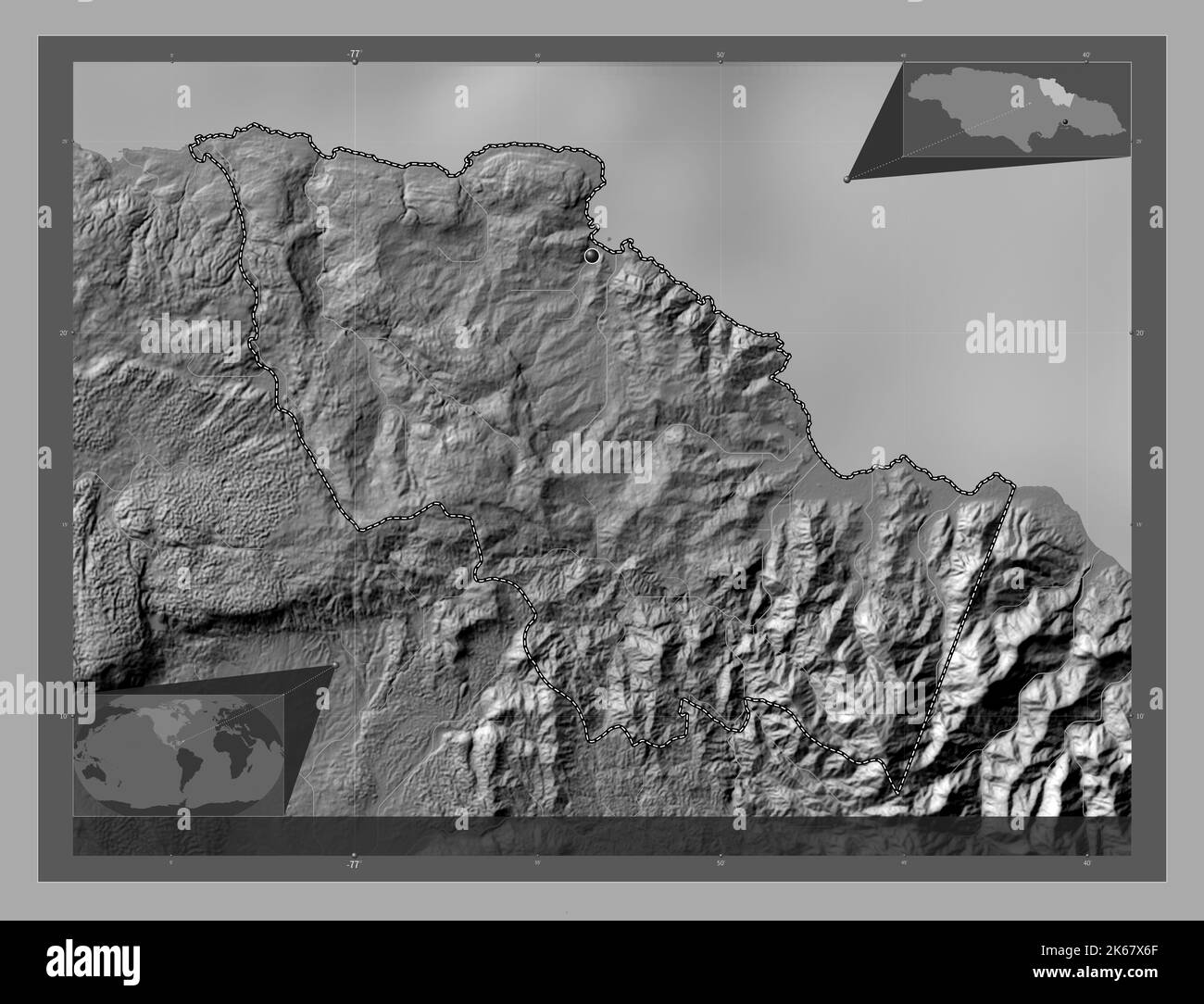 Saint Mary, parish of Jamaica. Bilevel elevation map with lakes and ...
