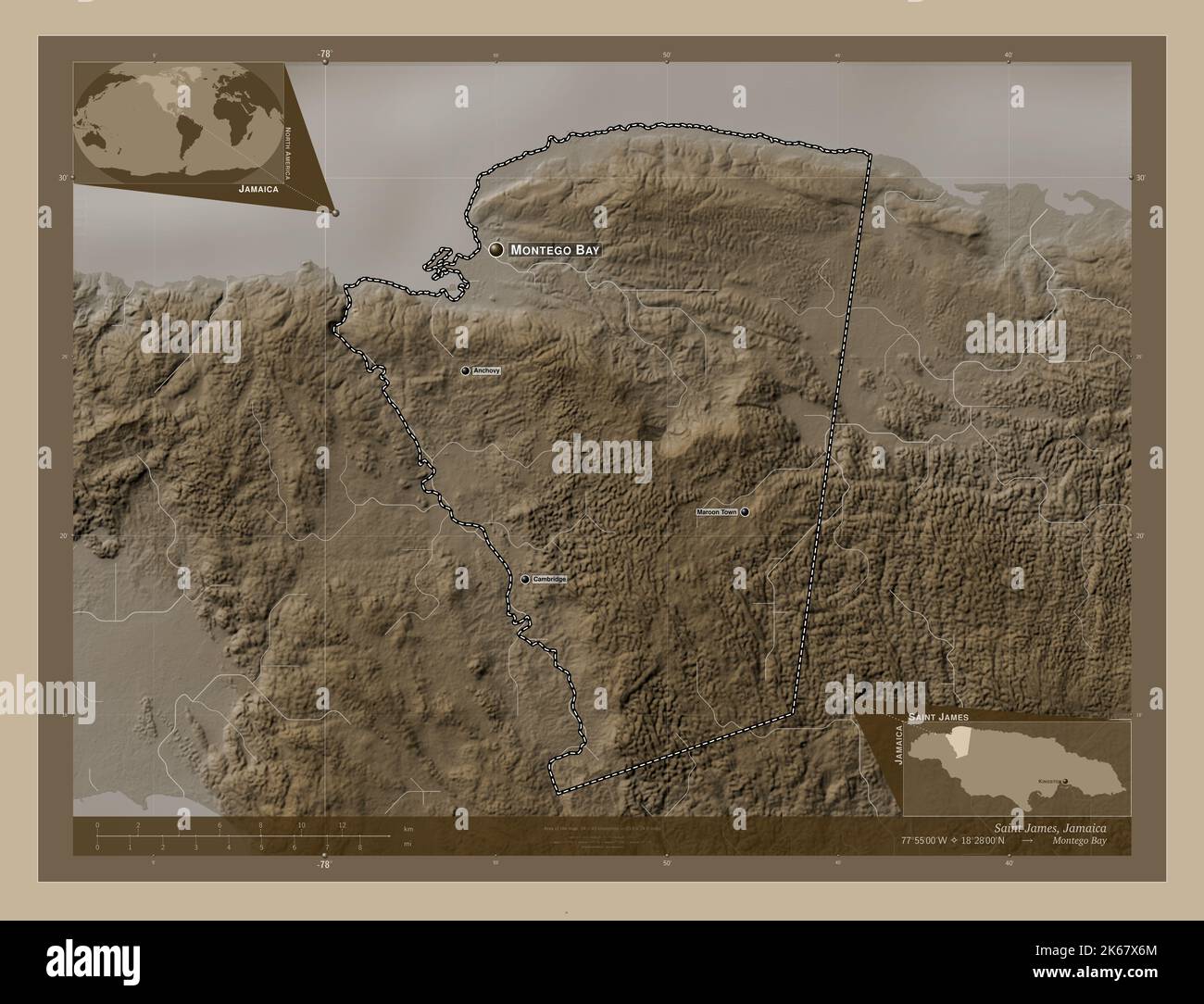 Saint James, parish of Jamaica. Elevation map colored in sepia tones ...