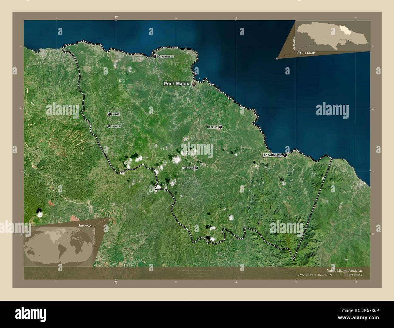 Saint Mary, parish of Jamaica. High resolution satellite map. Locations ...