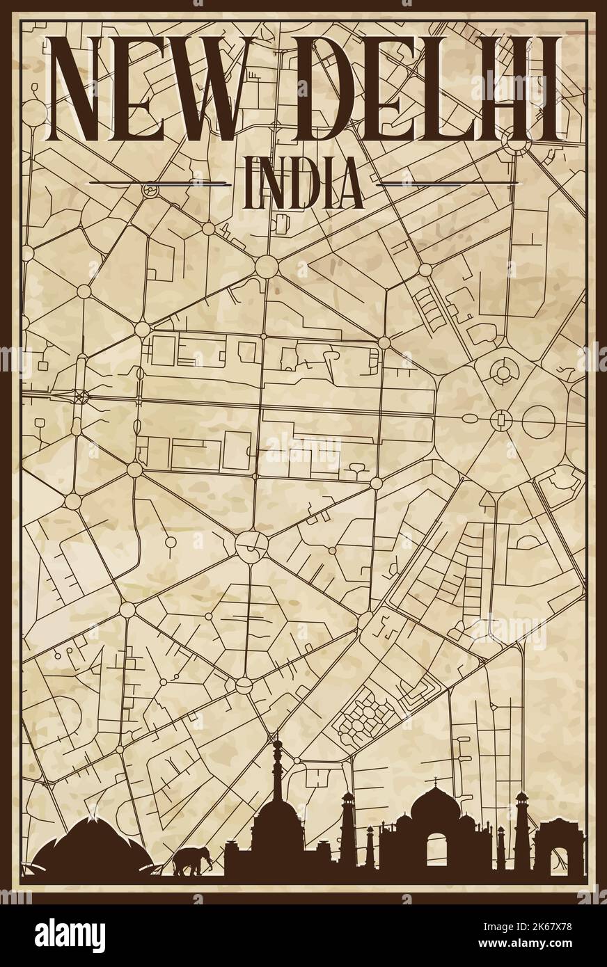 Brown vintage hand-drawn printout streets network map of the downtown ...