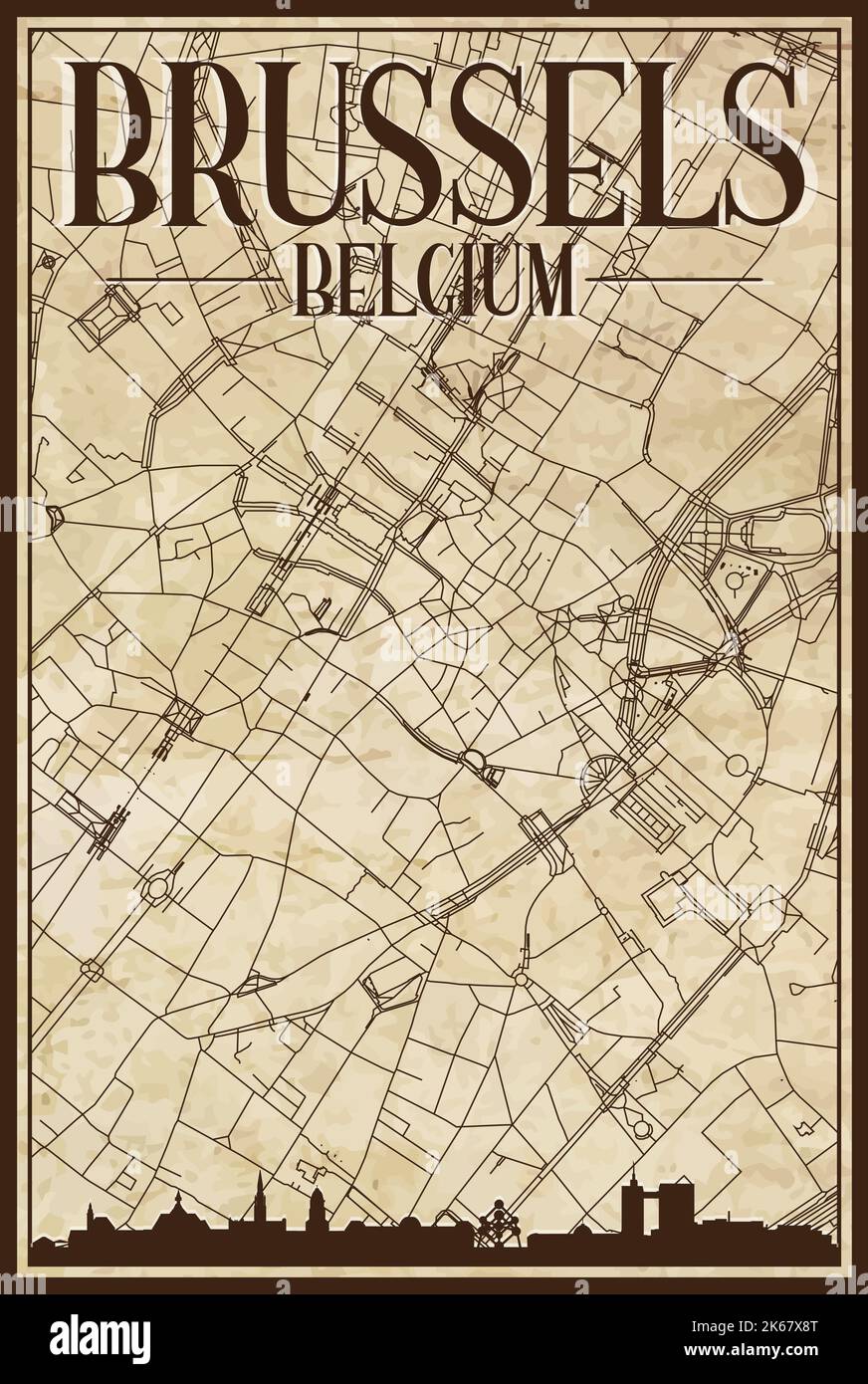 Brown vintage hand-drawn printout streets network map of the downtown ...