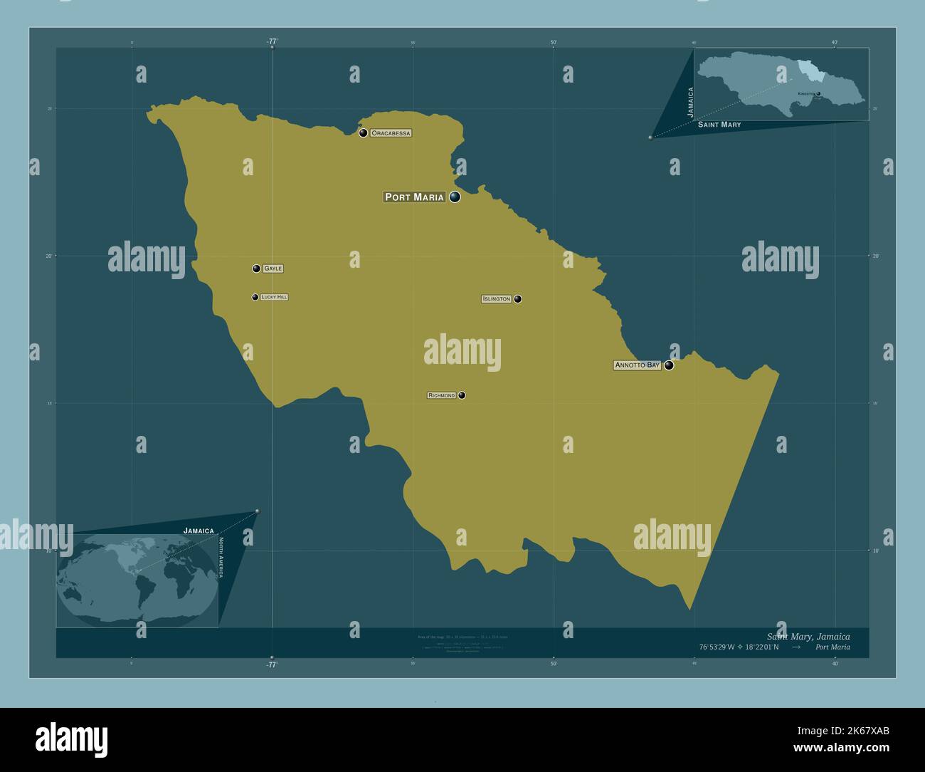 Saint Mary, parish of Jamaica. Solid color shape. Locations and names ...
