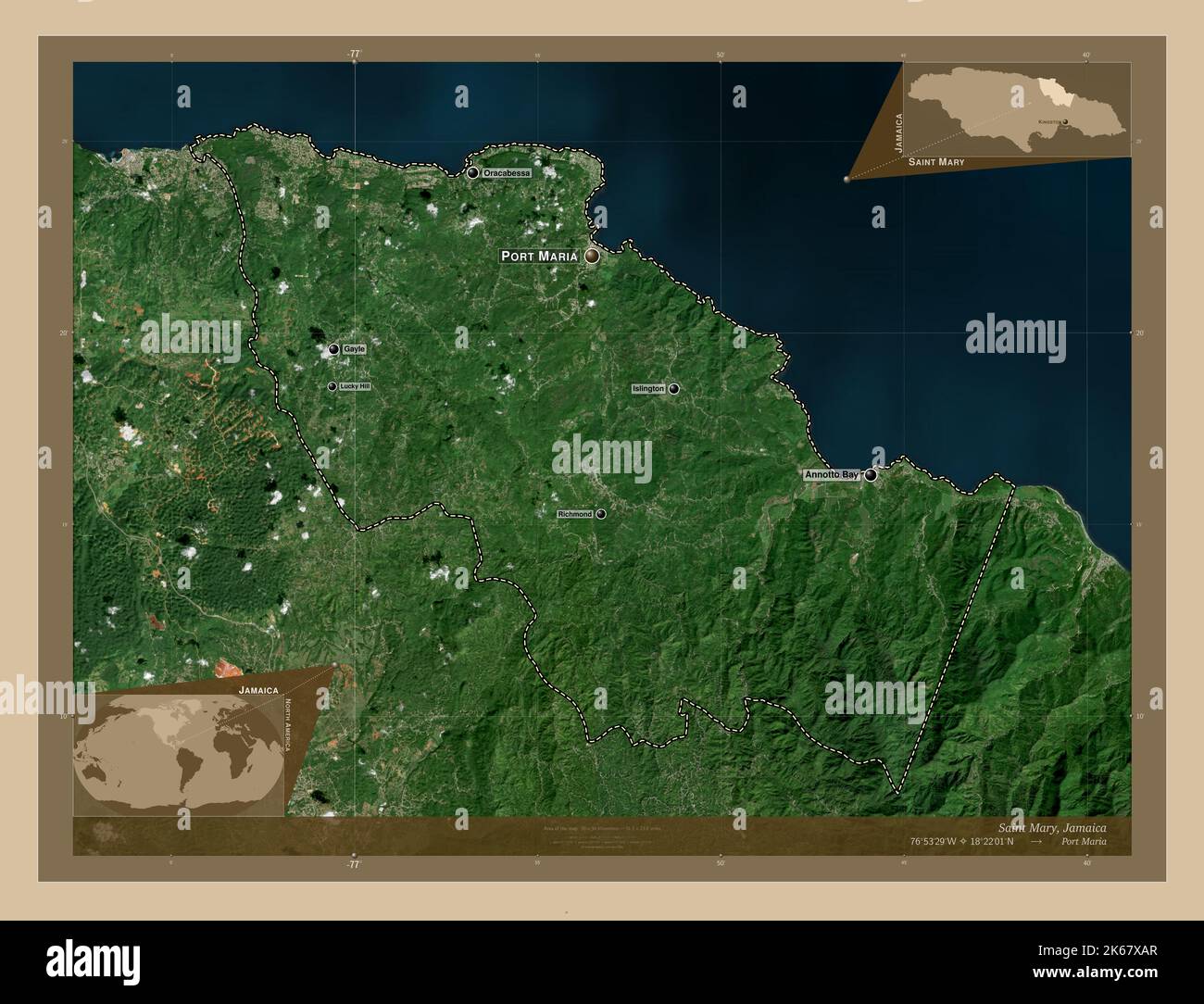 Saint Mary, parish of Jamaica. Low resolution satellite map. Locations ...