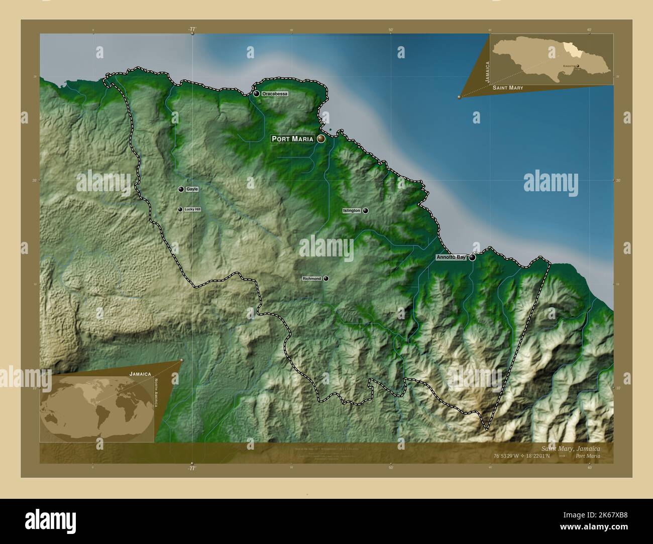 Saint Mary, parish of Jamaica. Colored elevation map with lakes and ...