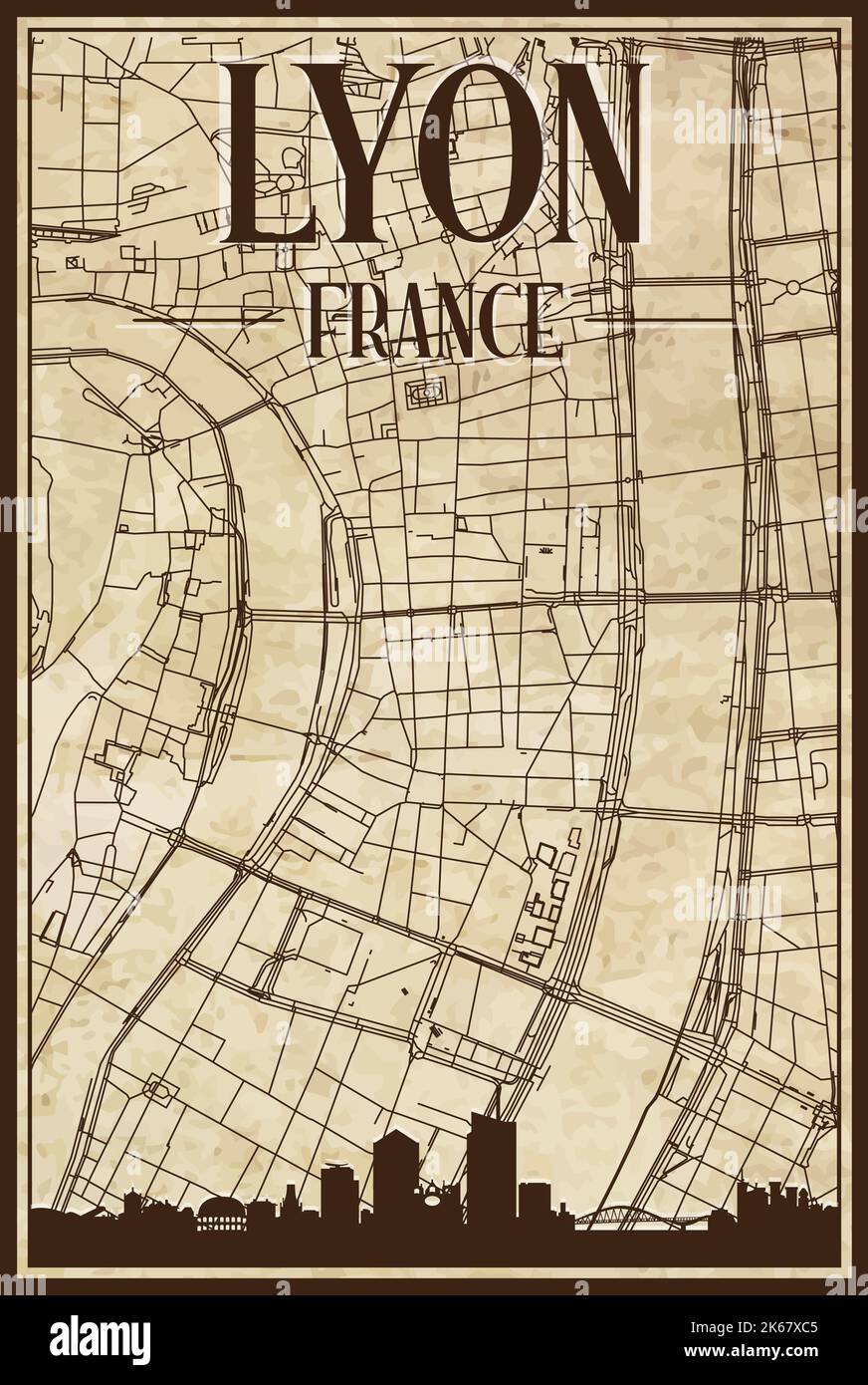 Brown vintage hand-drawn printout streets network map of the downtown ...