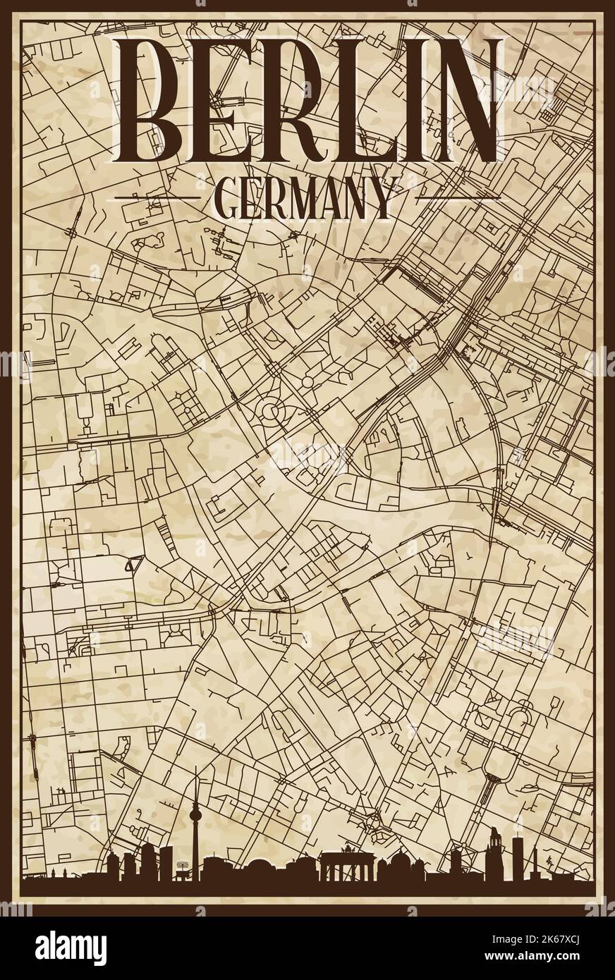 Brown vintage hand-drawn printout streets network map of the downtown ...