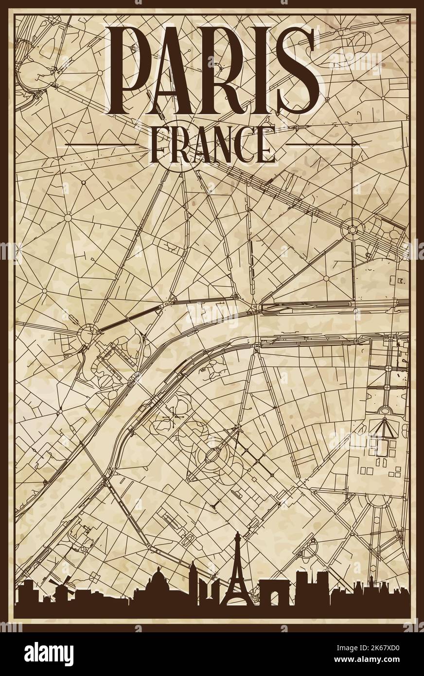 Brown vintage hand-drawn printout streets network map of the downtown ...